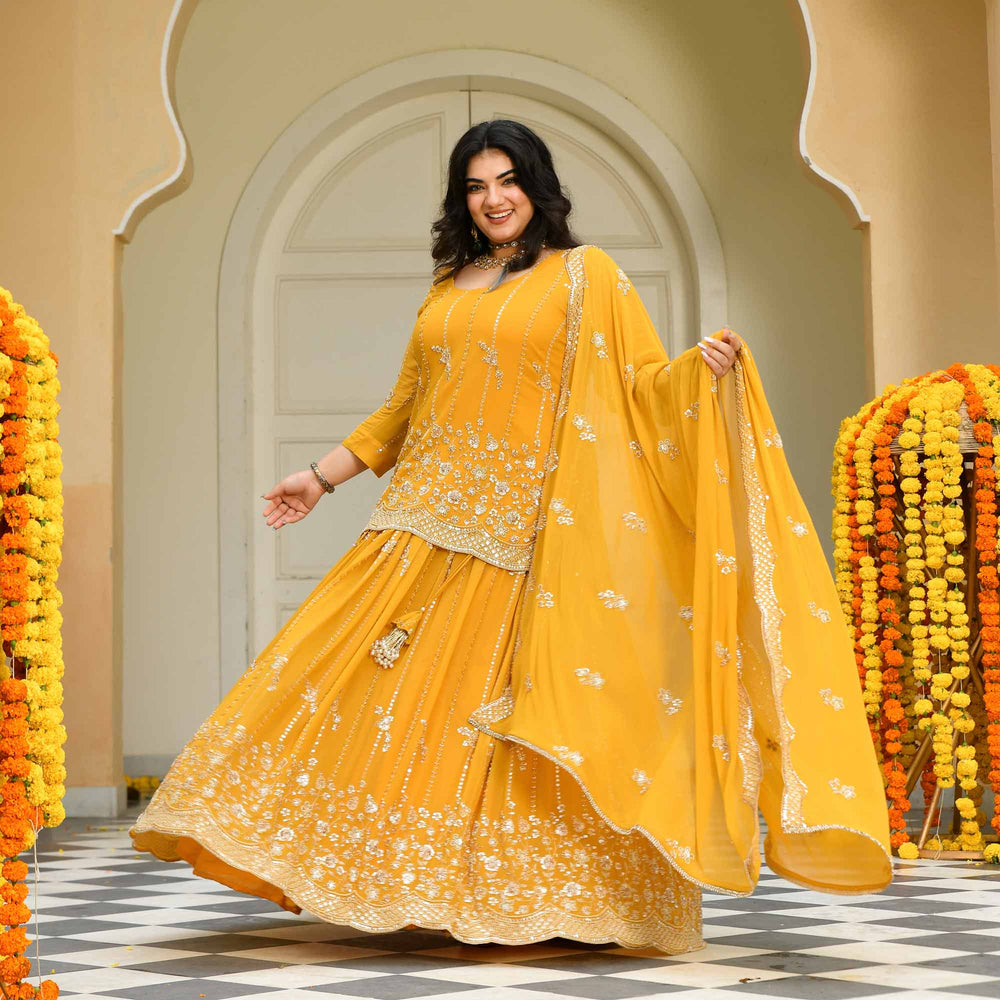 Genda Phool Yellow Georgette Embroidered Lehenga | The Plus Size Store