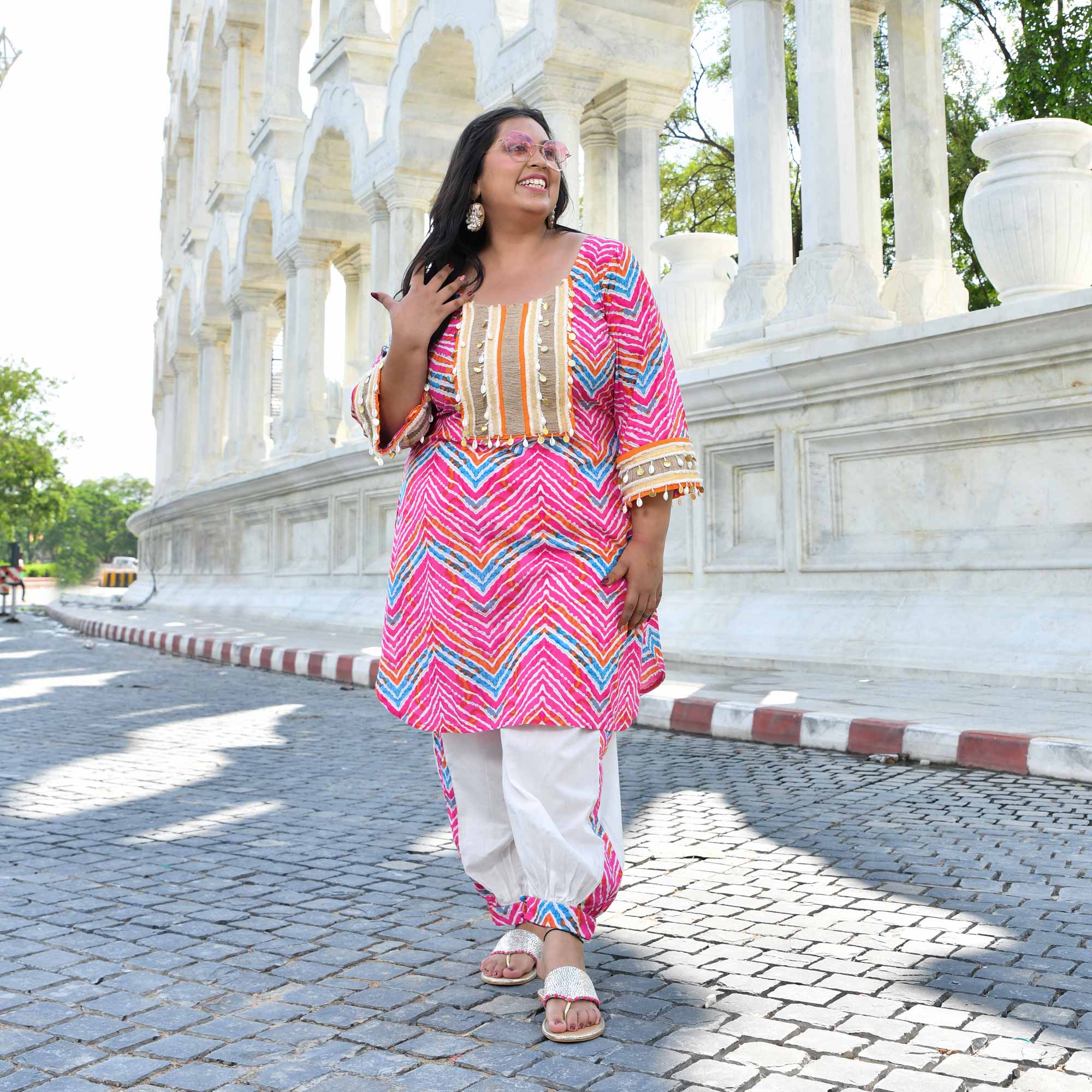 Buy Desert Rose Pink Leheriya Cotton Bohemian Set | Meera Plus Size